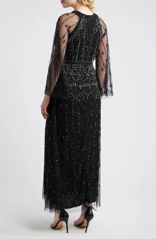 Pisarro Nights Illusion Long Sleeve Beaded A-line Gown