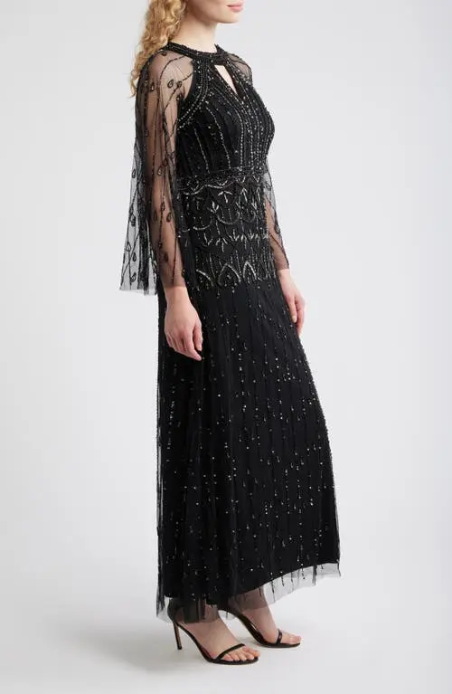 Pisarro Nights Illusion Long Sleeve Beaded A-line Gown