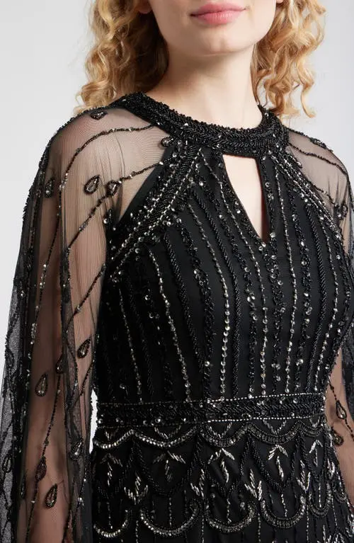 Pisarro Nights Illusion Long Sleeve Beaded A-line Gown