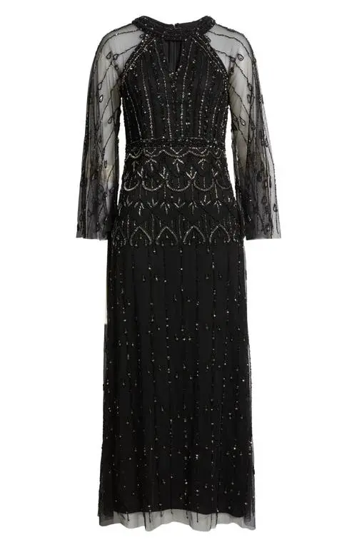 Pisarro Nights Illusion Long Sleeve Beaded A-line Gown