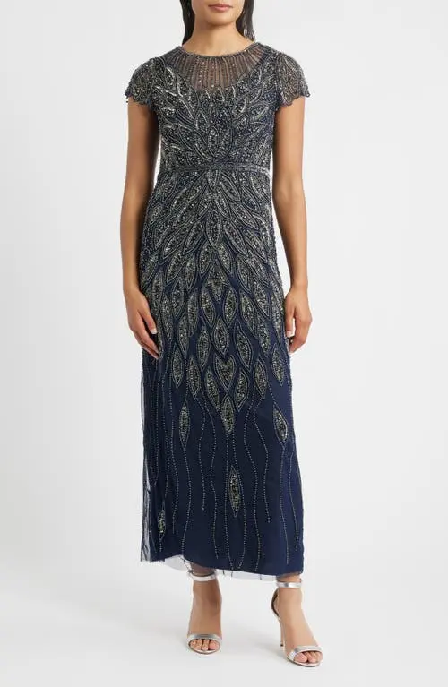 Pisarro Nights Beaded Cap Sleeve Column Gown