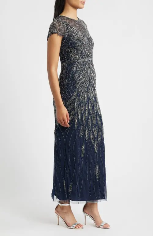 Pisarro Nights Beaded Cap Sleeve Column Gown