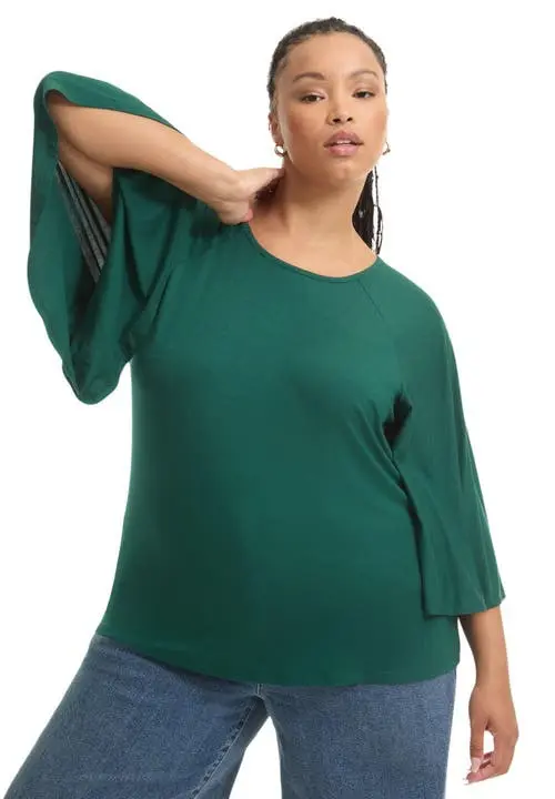 JUNE + VIE Flared Raglan Sleeve Breton Tee - Dark Pine Green
