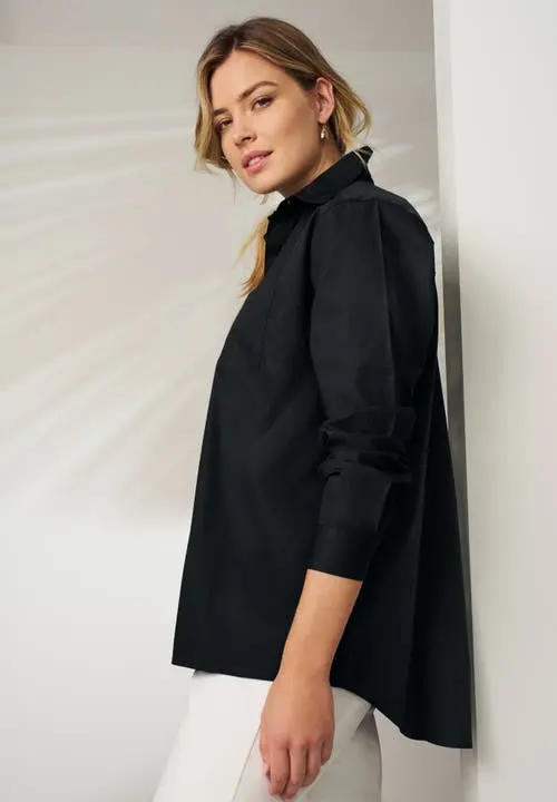 JESSICA LONDON Stretch Cotton Oversized Poplin Shirt - Black