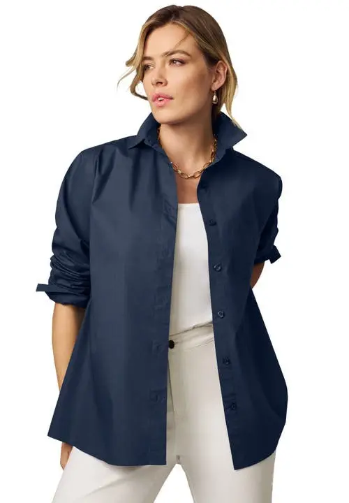 JESSICA LONDON Stretch Cotton Oversized Poplin Shirt - Navy