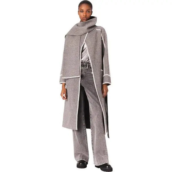Maje Long Double-faced Coat With Integrated Scarf - Grey/white