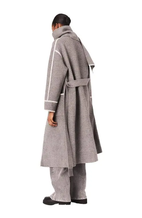Maje Long Double-faced Coat With Integrated Scarf - Grey/white