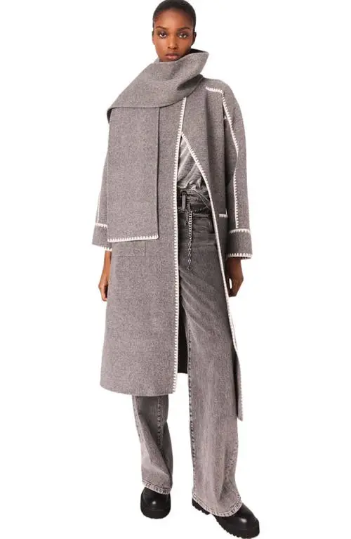 Maje Long Double-faced Coat With Integrated Scarf - Grey/white