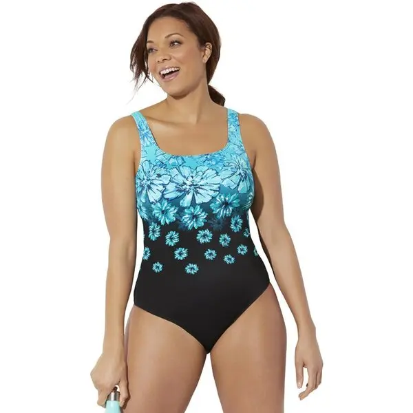 SWIMSUITS FOR ALL Chlorine Resistant Tank One Piece Swimsuit - New Turq Floral