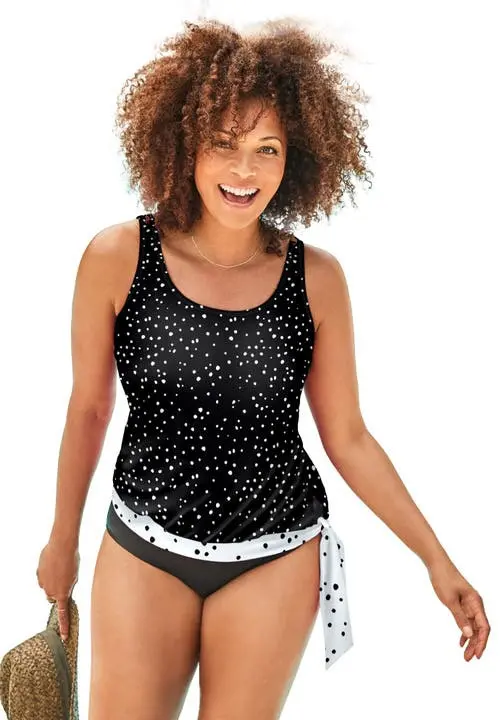 SWIMSUITS FOR ALL Blouson Tankini Top With Side Tie - Black White Dots