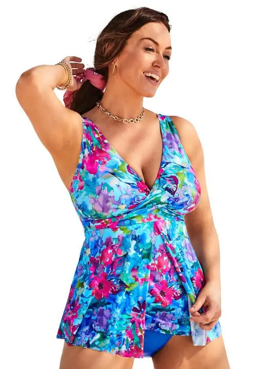 SWIMSUITS FOR ALL V-neck Twist Tankini Top - Bright Watercolor Floral