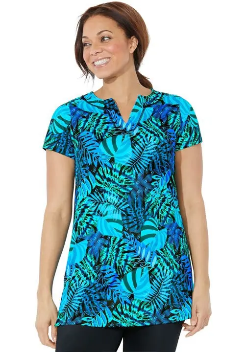 SWIMSUITS FOR ALL Chlorine Resistant Short Sleeve Swim Tunic - Green Palm