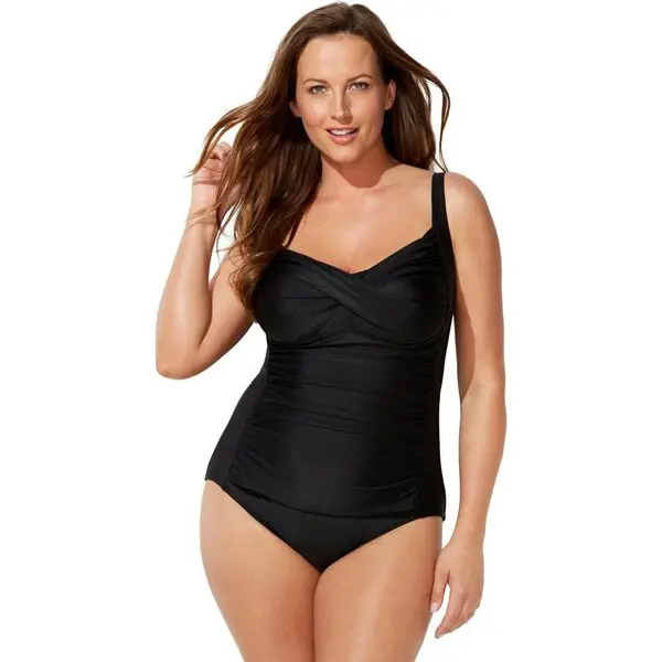 SWIMSUITS FOR ALL Ruched Twist Front One Piece Swimsuit - Black