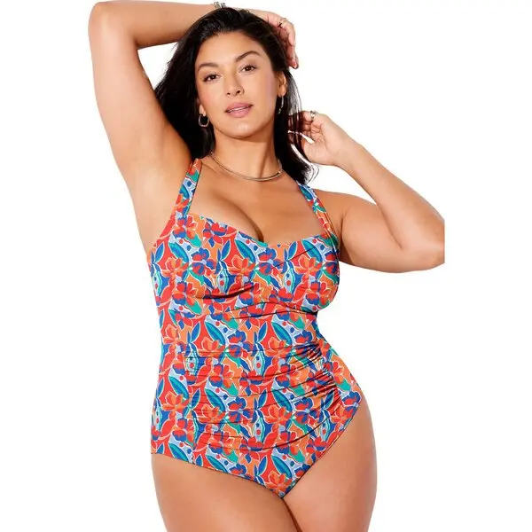 SWIMSUITS FOR ALL Ruched Twist-front Sweetheart Neckline One-piece Swimsuit - Paradise Primary