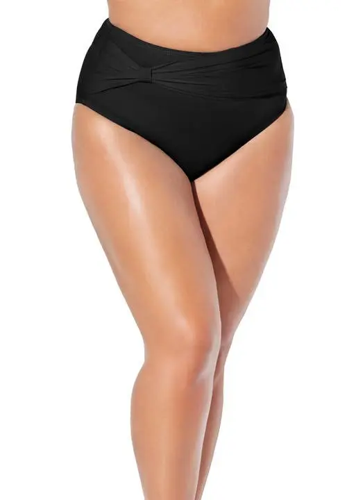 SWIMSUITS FOR ALL Side Knot Drape Overlay High Waist Swim Brief - Black