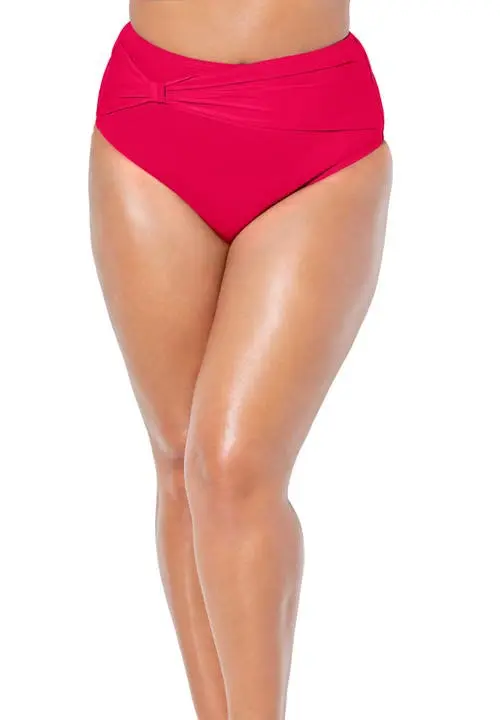 SWIMSUITS FOR ALL Side Knot Drape Overlay High Waist Swim Brief - Fire Coral