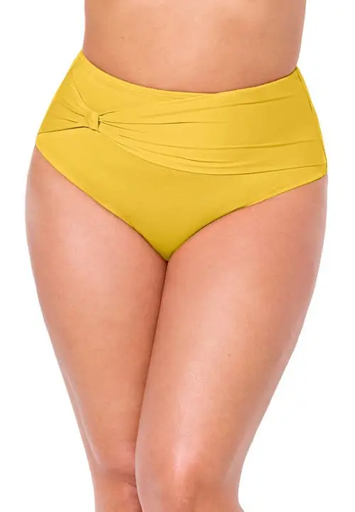 SWIMSUITS FOR ALL Side Knot Drape Overlay High Waist Swim Brief - Lemon Mist