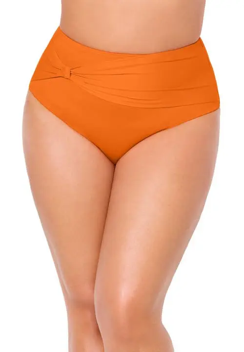 SWIMSUITS FOR ALL Side Knot Drape Overlay High Waist Swim Brief - Papaya