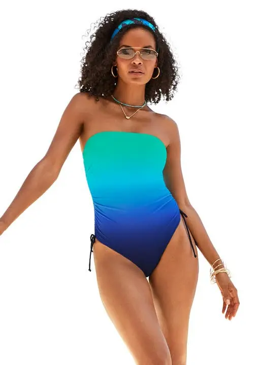 SWIMSUITS FOR ALL Bandeau One Piece Swimsuit - Green Blue Ombre