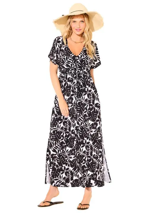 SWIMSUITS FOR ALL Wrinkle-resistant Maxi Cover Up Dress - Black Palm