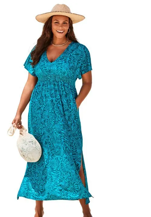 SWIMSUITS FOR ALL Wrinkle-resistant Maxi Cover Up Dress - Mediterranean Palms