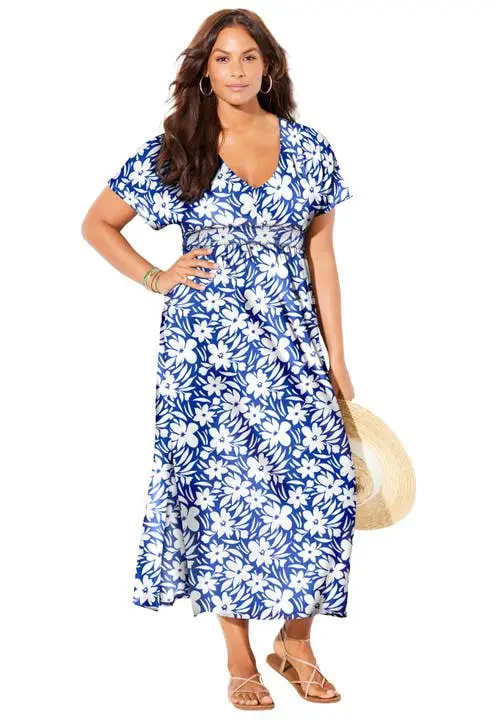SWIMSUITS FOR ALL Wrinkle-resistant Maxi Cover Up Dress - Royal Floral