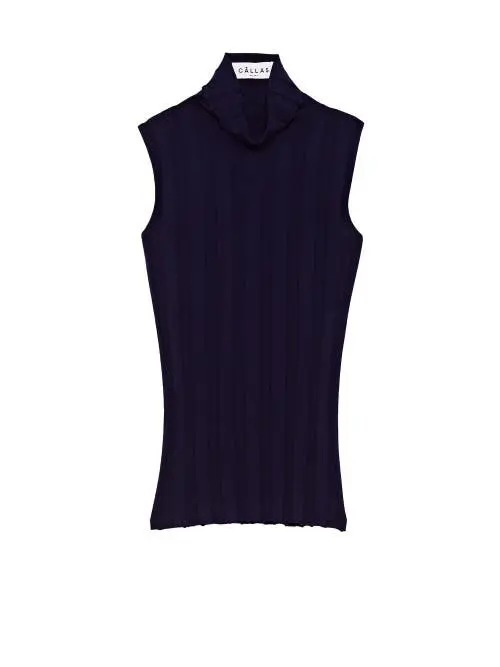 CALLAS MILANO Romy Sleeveless Turtleneck In Merino Wool Rib - Navy