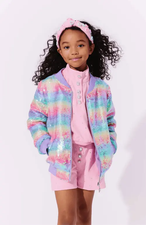 LOLA + THE BOYS Rainbow Sequin Stripe Bomber