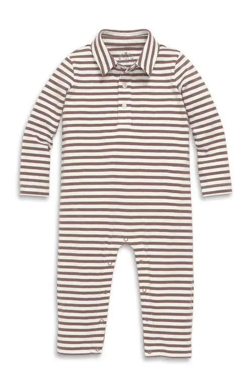 PRIMARY Baby Long Sleeve Polo Romper In Mini Stripe - Ivory Acorn Stripe