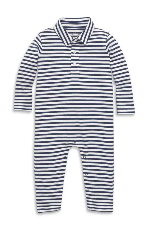 PRIMARY Baby Long Sleeve Polo Romper In Mini Stripe - Ivory Sunwashed Navy Stripe
