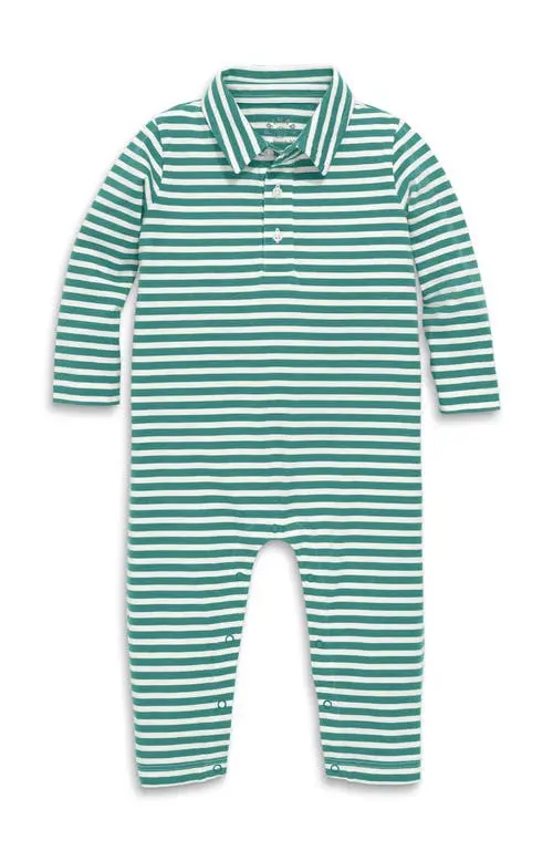 PRIMARY Baby Long Sleeve Polo Romper In Mini Stripe - Ivory Sunwashed Teal Stripe