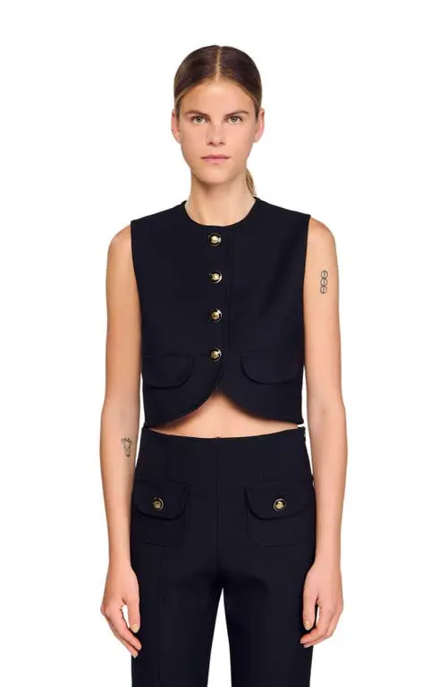 Sandro Decorative Buttoned Crop Top - Black