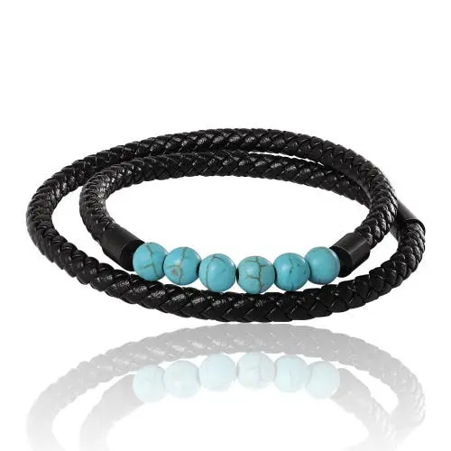 Lucky Brand Braided Leather Bracelet With Turquoise Beads - Black/turquoise