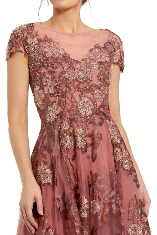 Mac Duggal Floral Embroidered Cap Sleeve Evening Gown