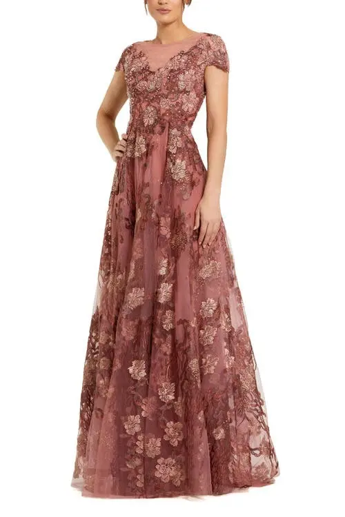 Mac Duggal Floral Embroidered Cap Sleeve Evening Gown - Cinnamon