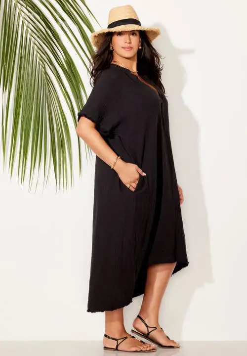 SWIMSUITS FOR ALL Cotton Gauze High Low Sun Dress Cover Up - Black
