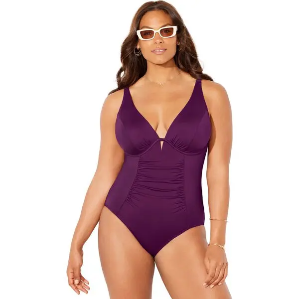 SWIMSUITS FOR ALL Shirred Underwire One-piece Swimsuit With Plunging V-neck - Spice