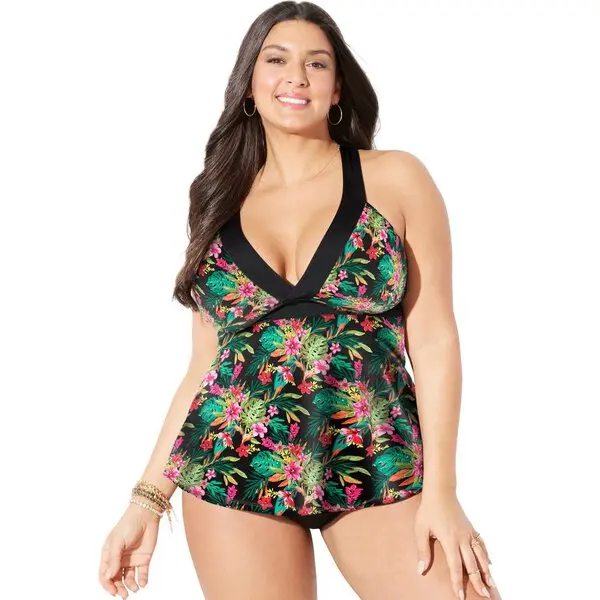 SWIMSUITS FOR ALL Longer Length Surplice Tankini Top - Hot House Tropical