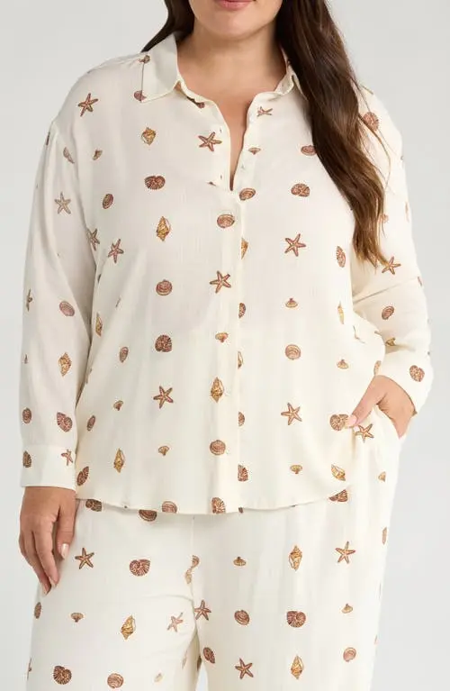 SUGARLIPS Shell Print Button-up Shirt - Ivory/brown