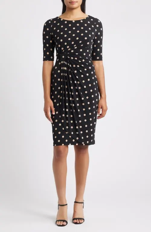 CONNECTED APPAREL Polka Dot Faux Wrap Dress - Black/camel