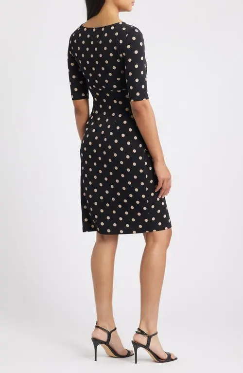 CONNECTED APPAREL Polka Dot Faux Wrap Dress - Black/camel