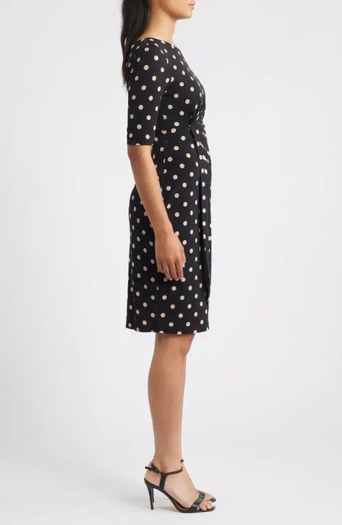 CONNECTED APPAREL Polka Dot Faux Wrap Dress - Black/camel