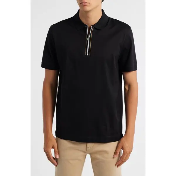 BOSS Paras Quarter Zip Cotton Polo - Black