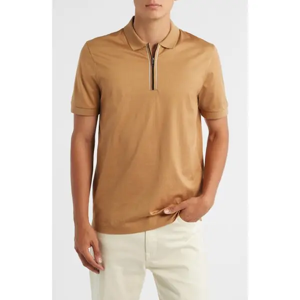 BOSS Paras Quarter Zip Cotton Polo - Medium Beige