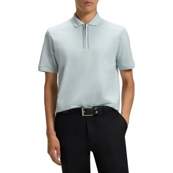BOSS Paras Quarter Zip Cotton Polo - Open Blue