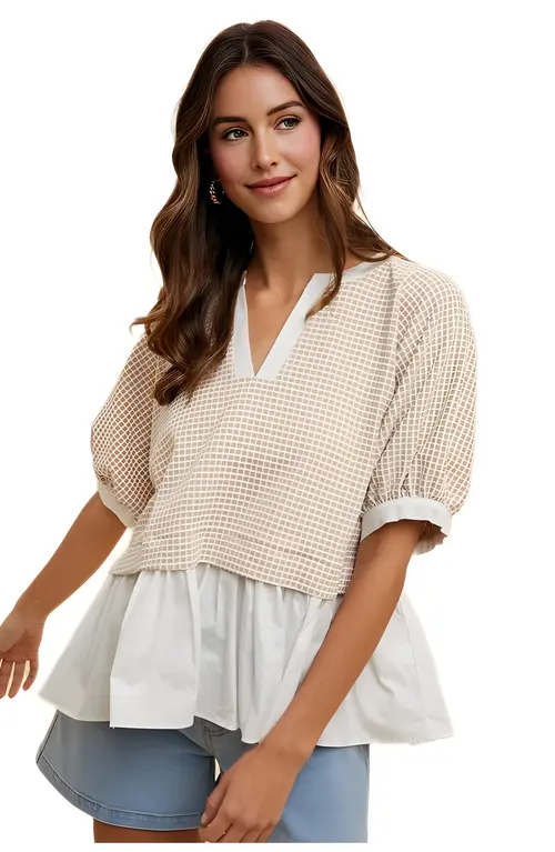 KNIT & LOUNGE Grid Blouse With Ruffle Hem