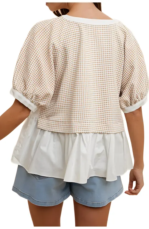 KNIT & LOUNGE Grid Blouse With Ruffle Hem