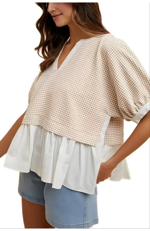KNIT & LOUNGE Grid Blouse With Ruffle Hem