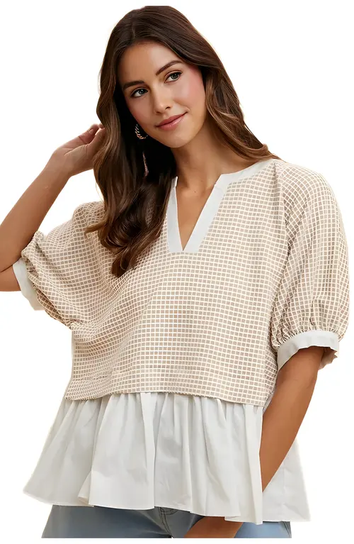 KNIT & LOUNGE Grid Blouse With Ruffle Hem