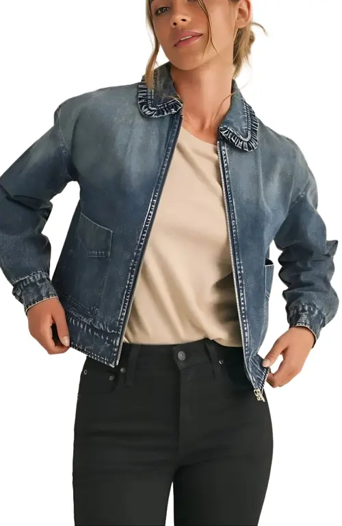 KNIT & LOUNGE Cropped Zip-front Denim Jacket